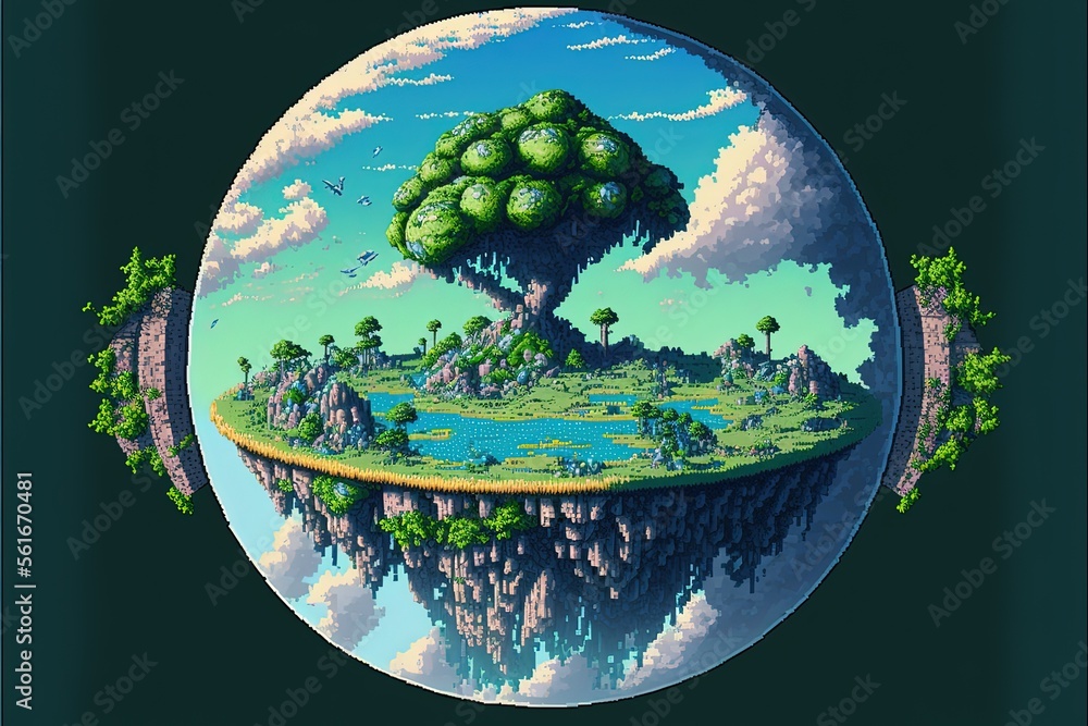 Pixel art fantasy mini planet, background in retro style for 8 bit game ...