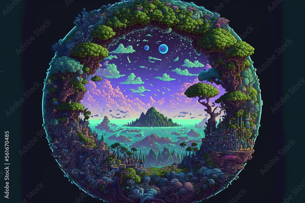 Pixel art fantasy mini planet, background in retro style for 8 bit game ...