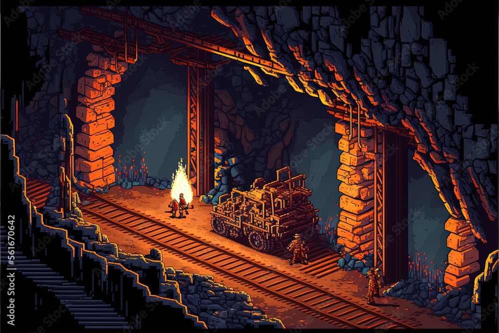Pixel art mining cave with ore carts, underground mine, background in retro style for 8 bit game ...