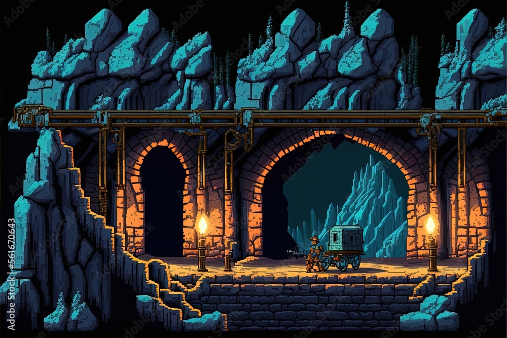 Pixel art mining cave with ore carts, underground mine, background in ...
