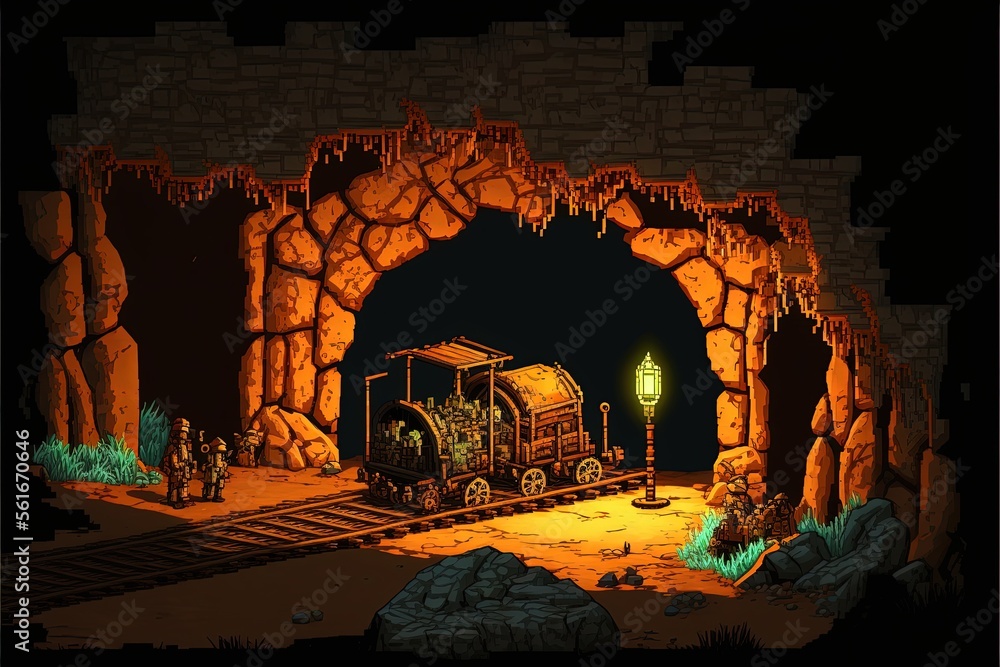 Pixel art mining cave with ore carts, underground mine, background in ...