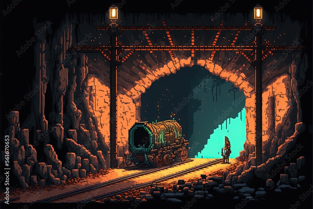 Pixel art mining cave with ore carts, underground mine, background in ...