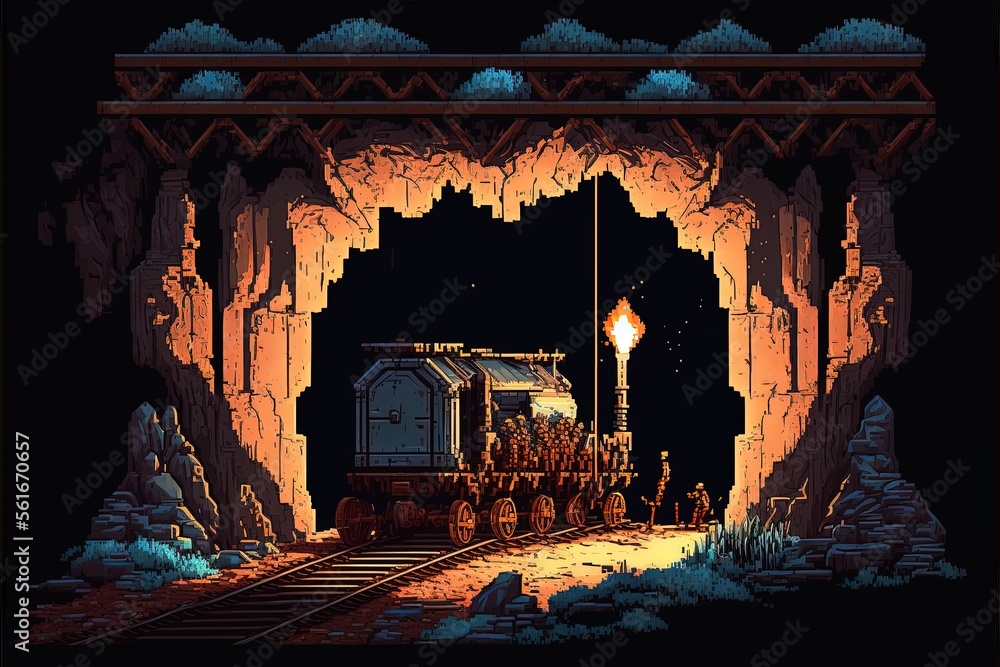 Pixel art mining cave with ore carts, underground mine, background in ...
