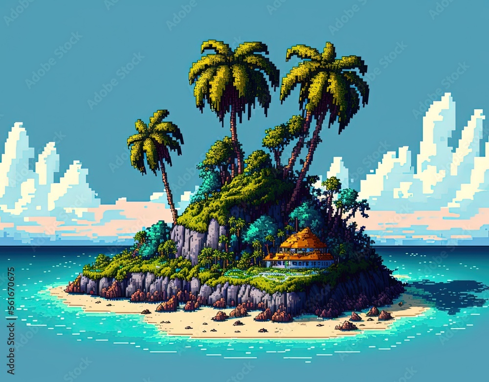 Pixel art paradise island on the high seas, background in retro style ...
