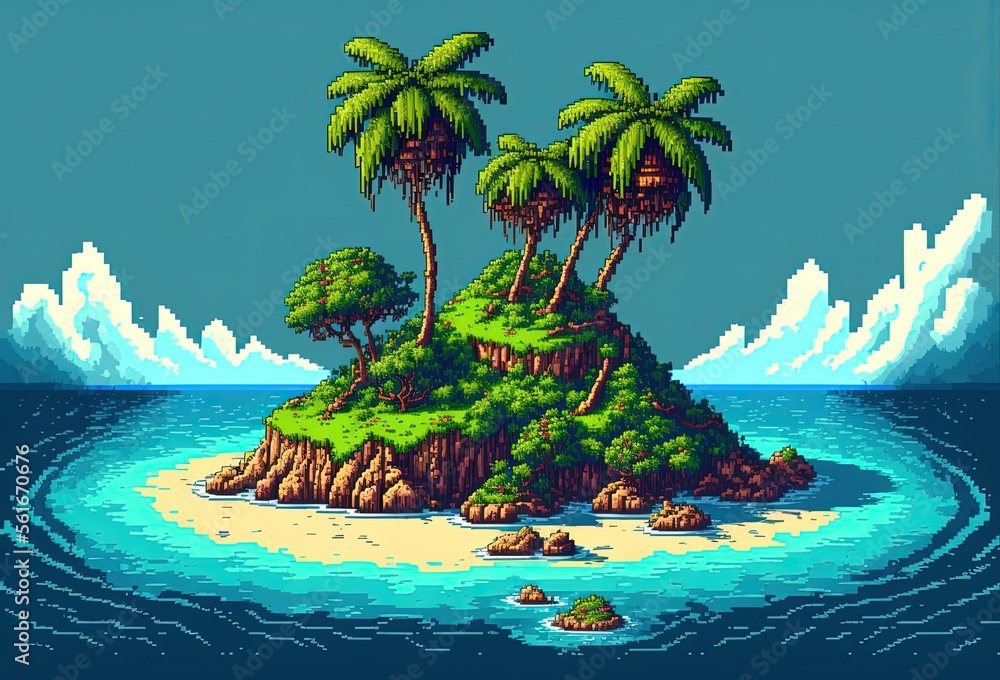 Pixel art paradise island on the high seas, background in retro style ...