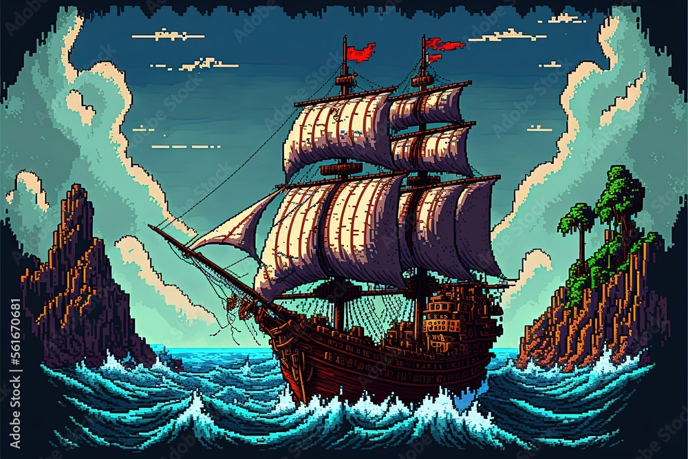 Pixel art pirate ship sailing near the island, background in retro ...