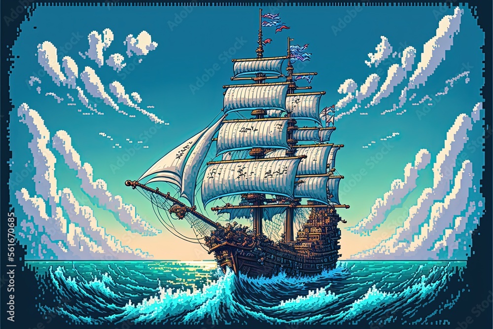 Pixel art pirate ship sailing on the high seas, background in retro ...