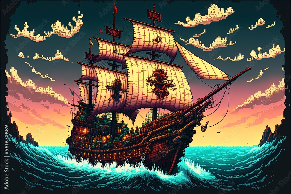 Pixel art pirate ship sailing on the high seas, background in retro ...