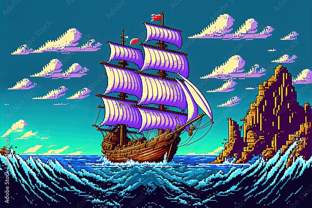 Pixel art pirate ship sailing on the high seas, background in retro ...
