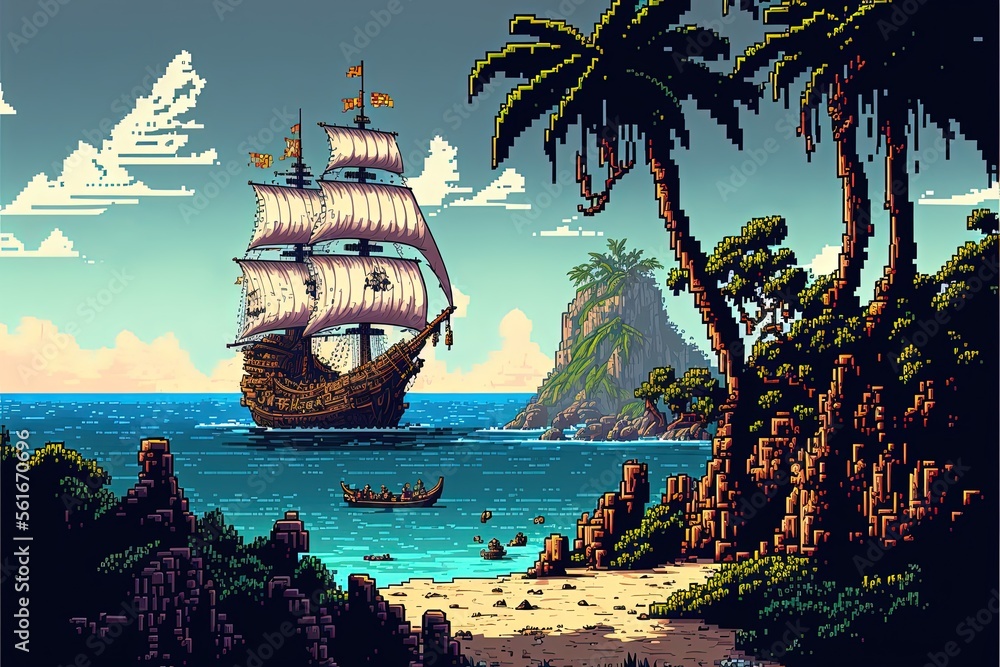 Pixel art pirate ship sailing near the island, background in retro ...