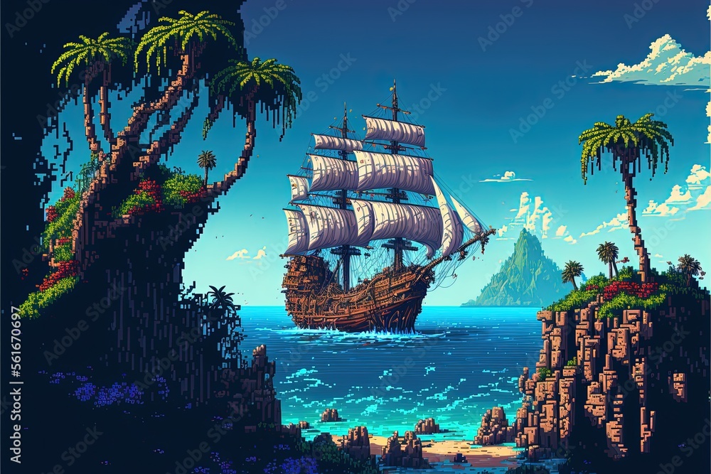 Pixel art pirate ship sailing near the island, background in retro ...