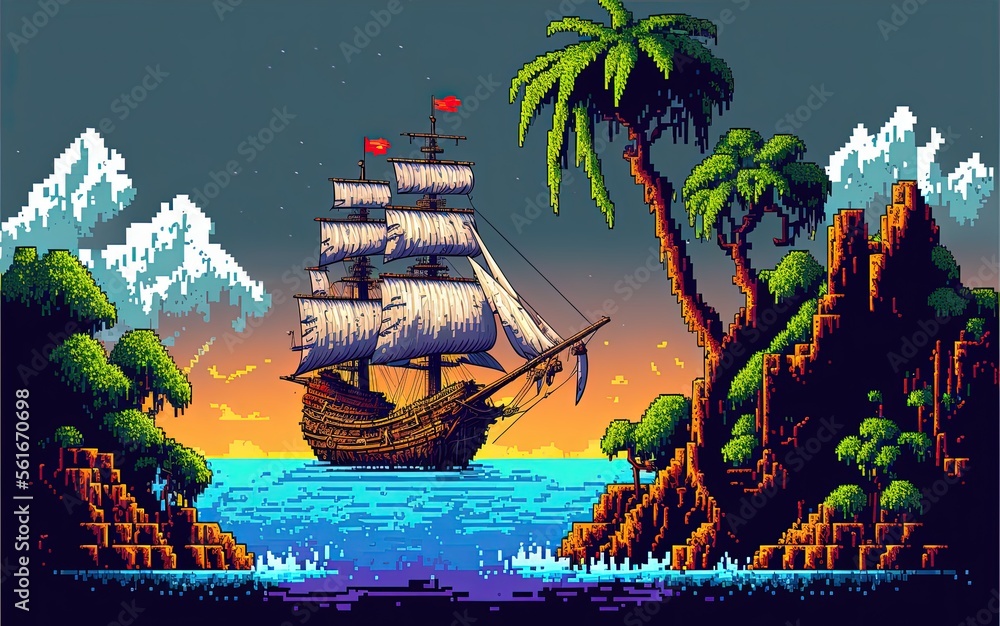 Pixel art pirate ship sailing near the island, background in retro ...