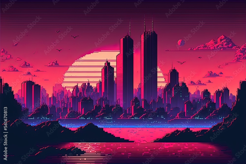 Pixel art city in vaporwave style, background in retro style for 8 bit ...