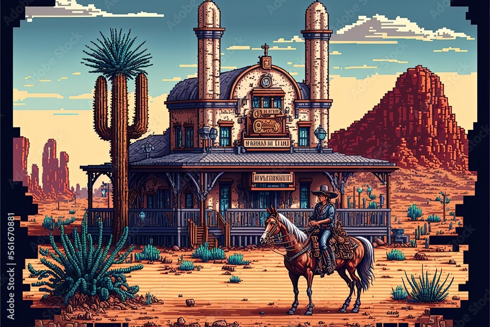 Pixel art wild west town building, wild west city background in retro ...