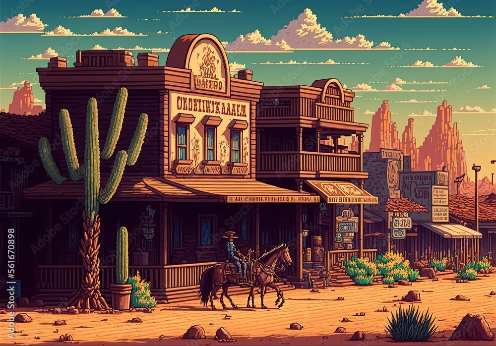 Pixel art wild west town building, wild west city background in retro ...