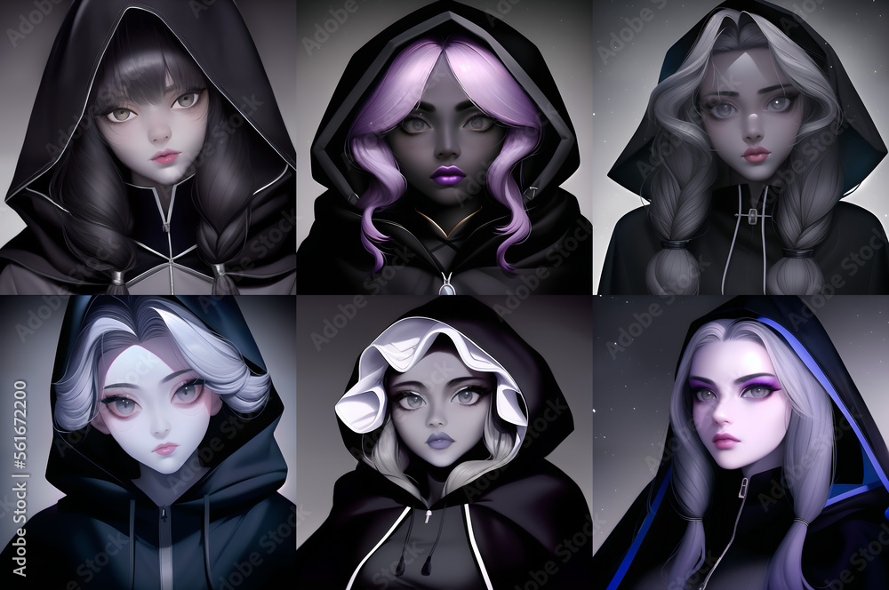 Vampire girls with gray skin in black robes. A set of 6 dark fantasy ...