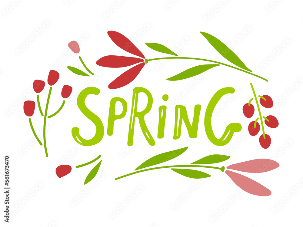 Spring hand drawn lettering with flowers sketch isolated on white ...