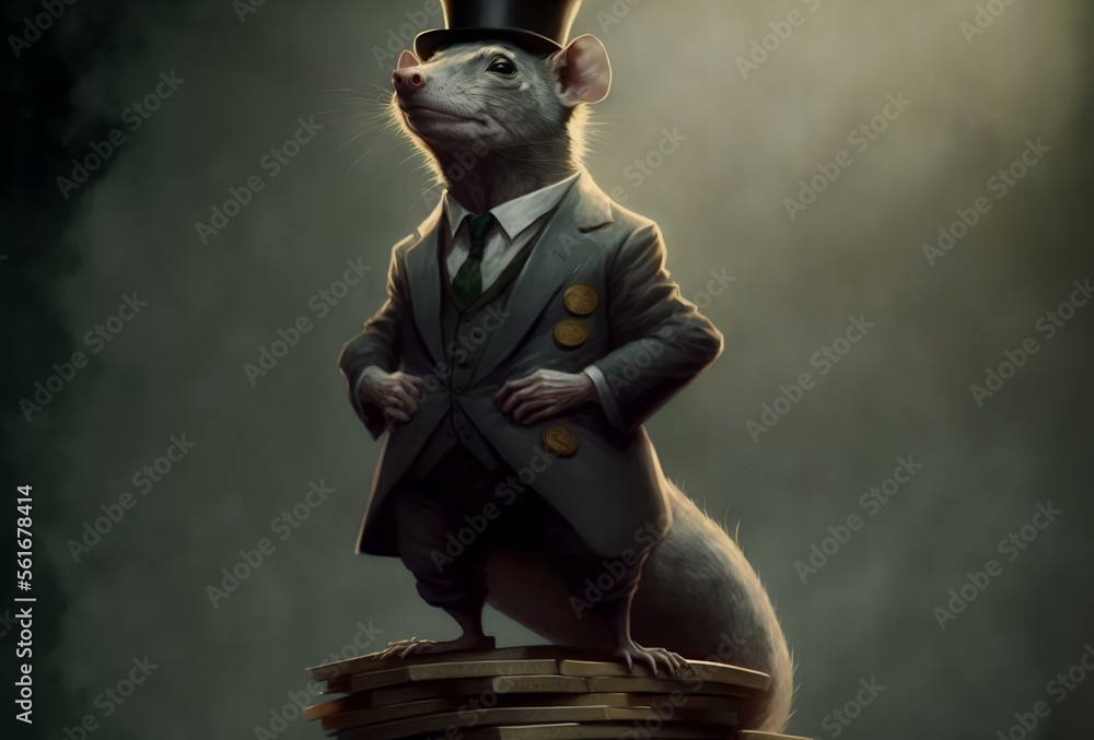 rat wearing a suit and tie, standing on top of a stack of money (AI ...