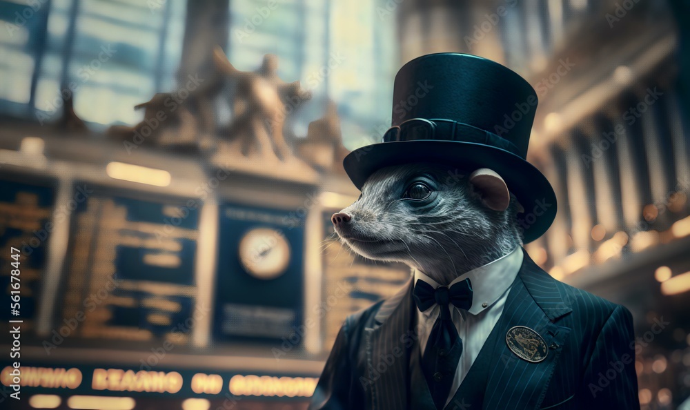 rat wearing a suit and top hat, standing in front of the stock market ...