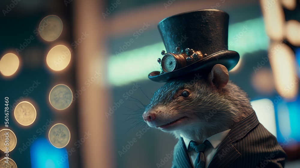 rat wearing a suit and top hat, standing in front of the stock market ...