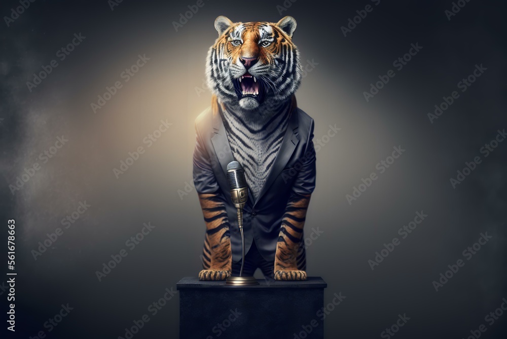 tiger in a suit on a podium giving a speech, symbolising the power of ...
