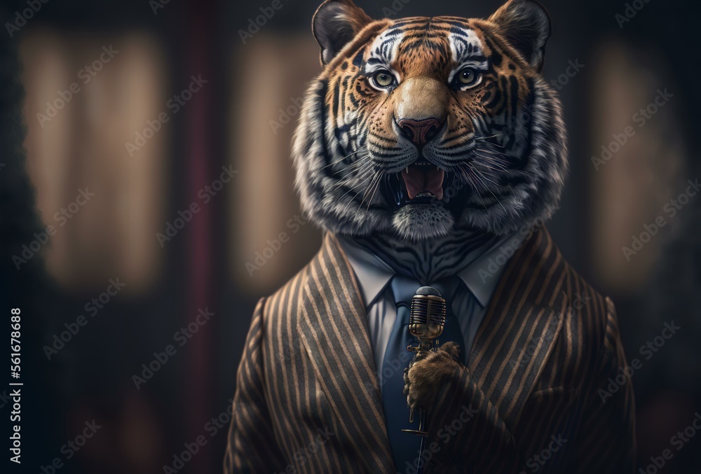 tiger in a suit on a podium giving a speech, symbolising the power of ...