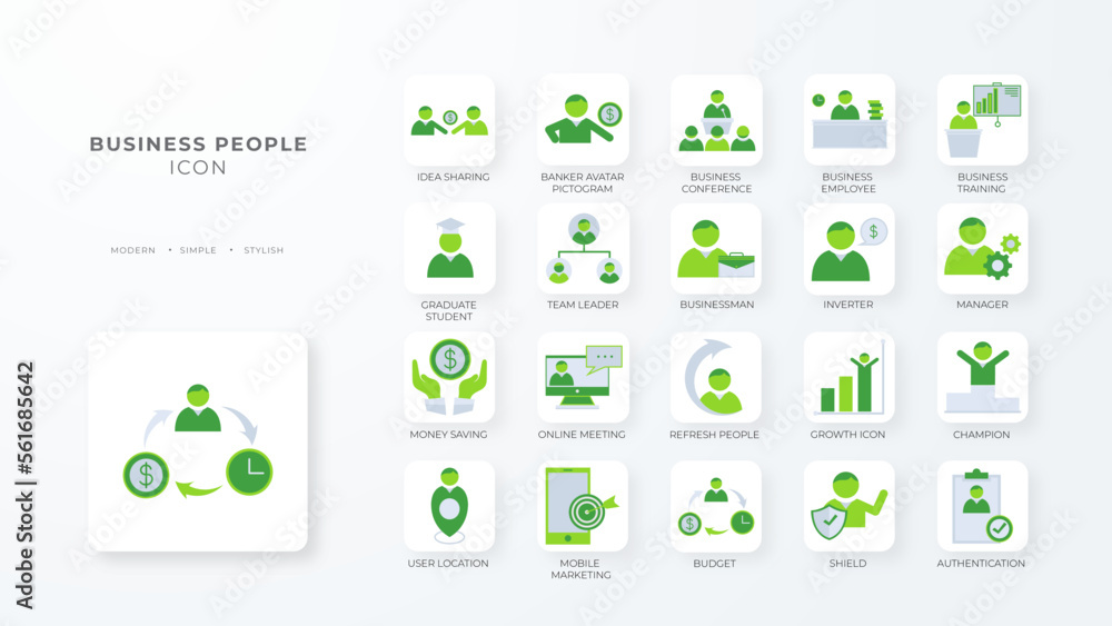 Business people icon collection with green outline style. person ...
