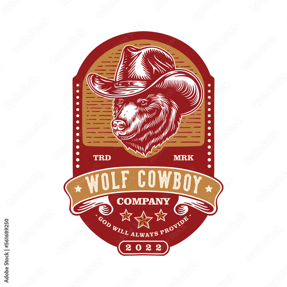 Vintage logo emblem wolf wearing cowboy hat with classic background and ...