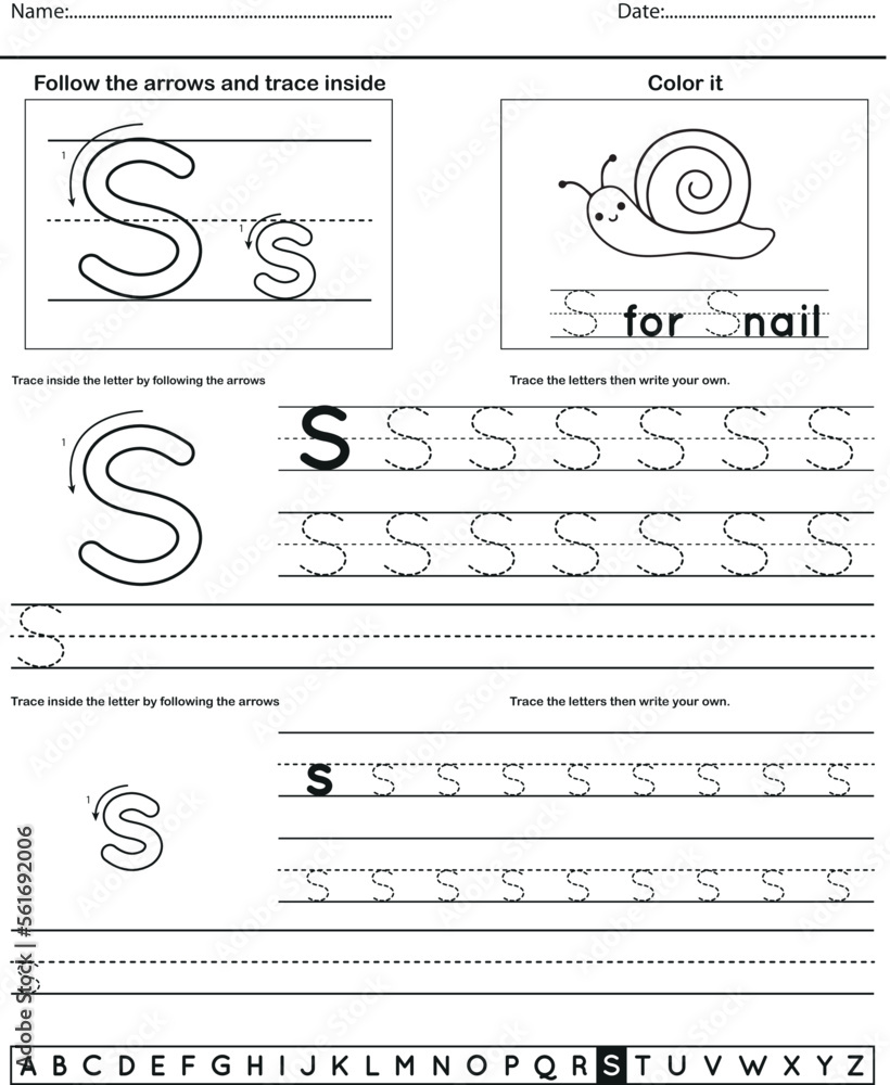 Alphabet tracing worksheet with letter and vocabulary S Stock Vector ...