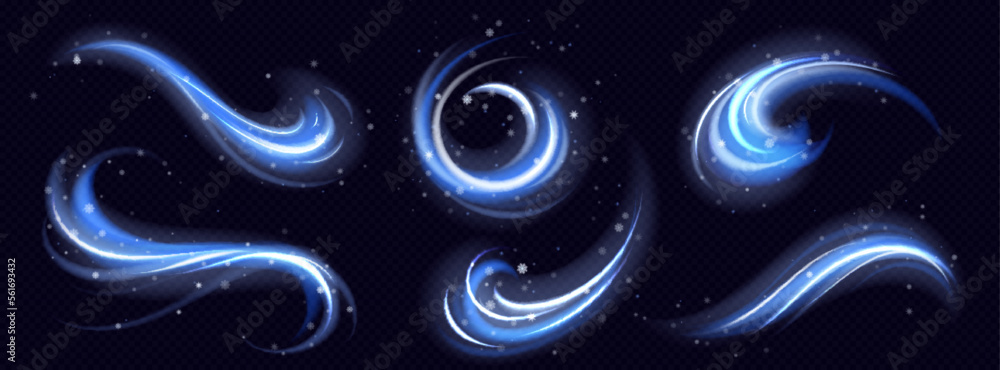 Cold winter light effect, swirl bright twinkle line. Wind vortex blow ...