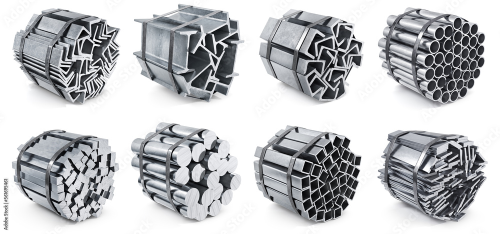 Set of stack of rolled metal isolated on a white background. 3d ...