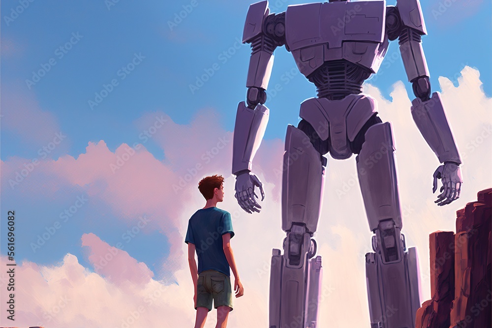 young man standing and looking at a giant sentinel robot, digital art ...
