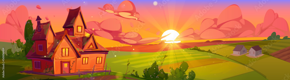 Morning summer countryside with house, farm buildings, green field ...