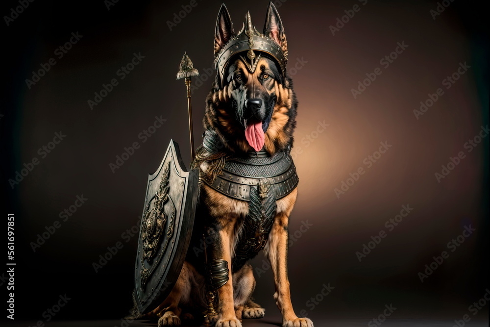 German shepherdt character concept with sword and shield in ancient ...