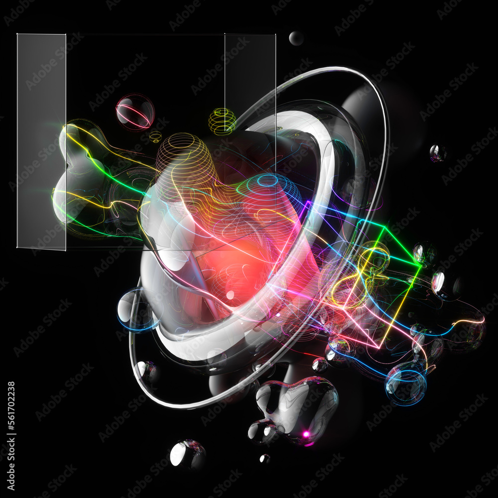 3d render of abstract art with surreal composition with flying spheres ...