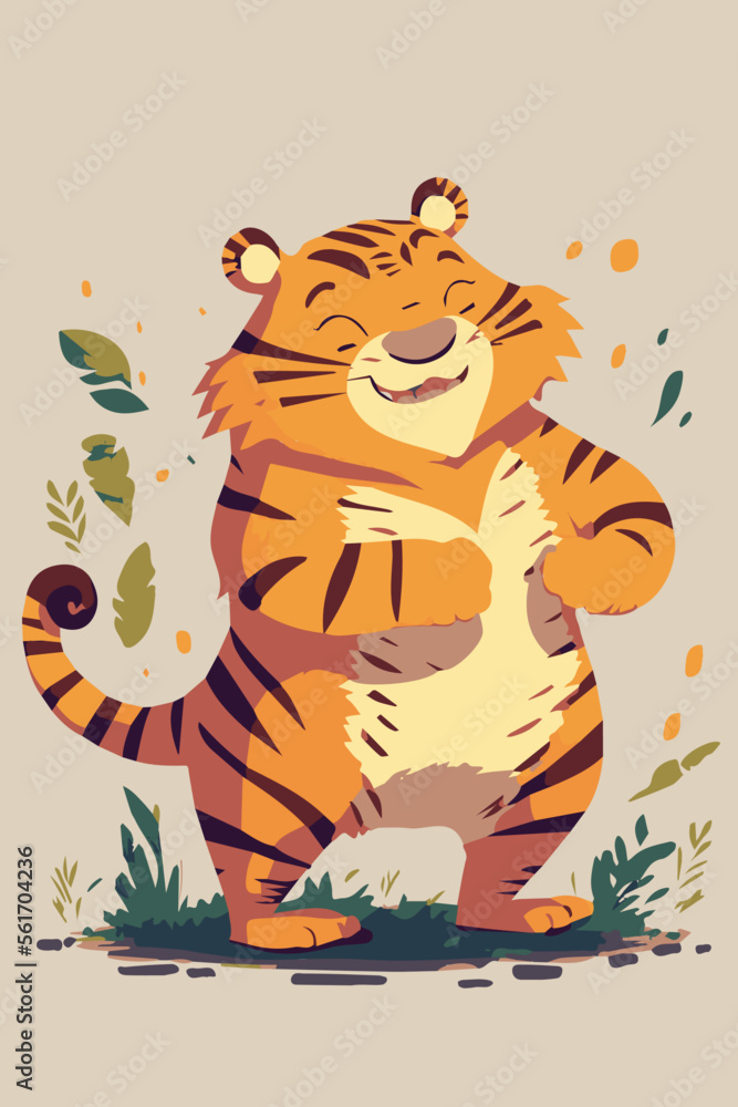 Vecteur Stock Tiger cartoon illustration. Hand drawn vector drawing of happy and cheerful tiger ...