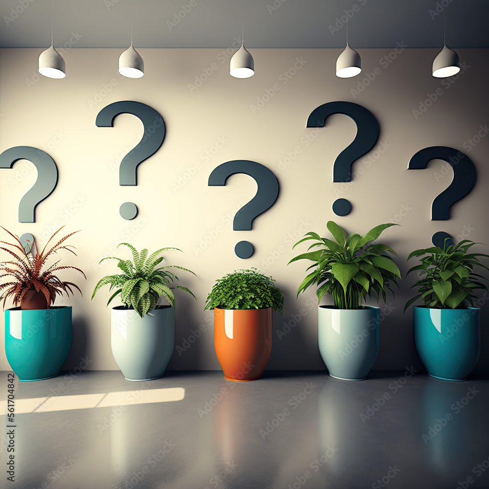 Potted plants with question marks over it on the wall, lights on top ...