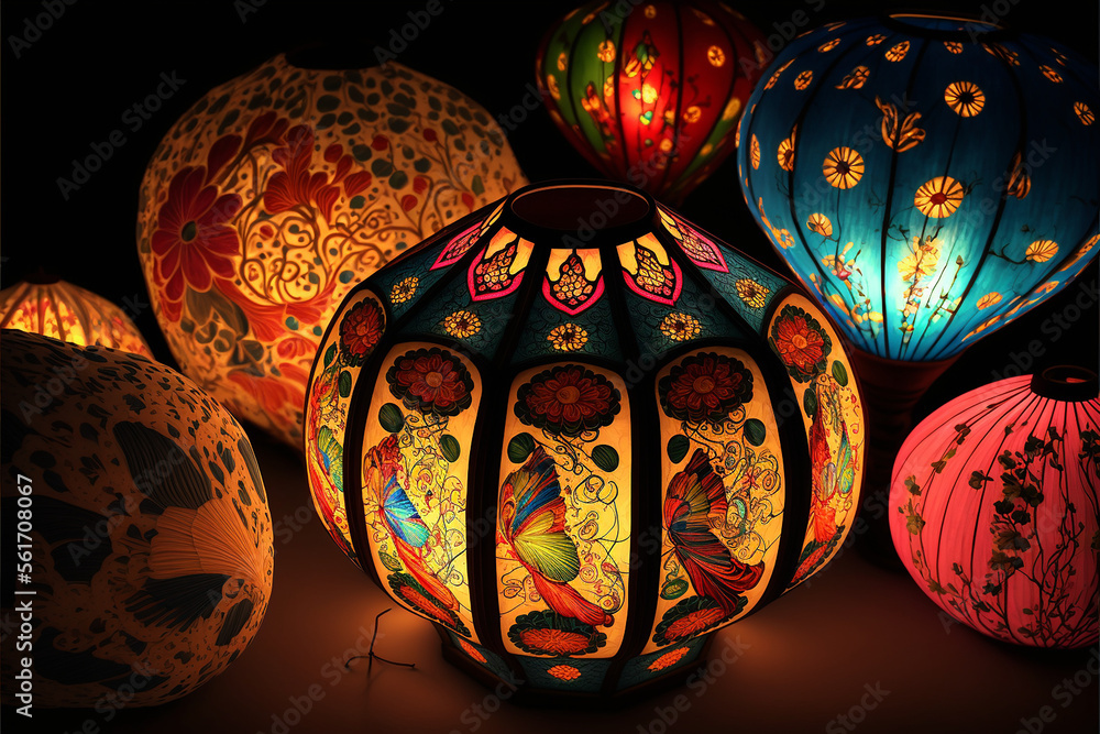 an ultra hd detailed of many lampion, red background with gold ornament ...