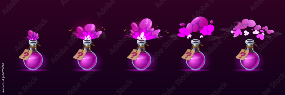 Potion bottle with puff cloud animation set isolated on background ...