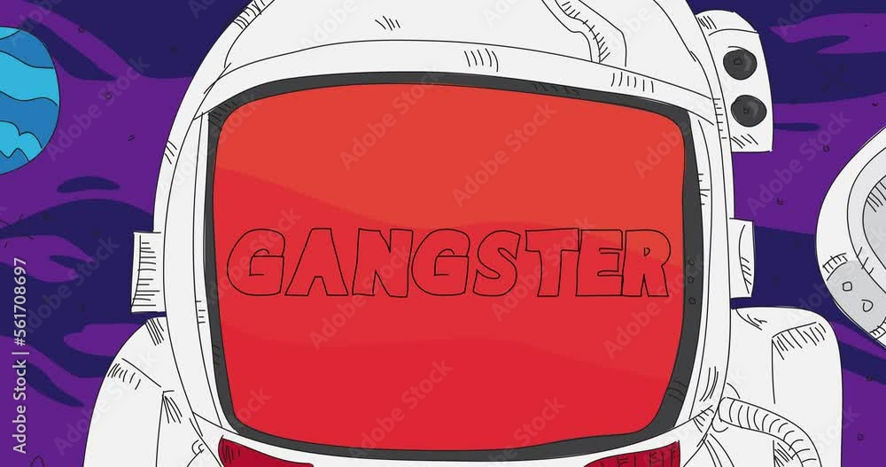 Astronaut in space with Gangster Text on his helmet. Abstract dancing ...