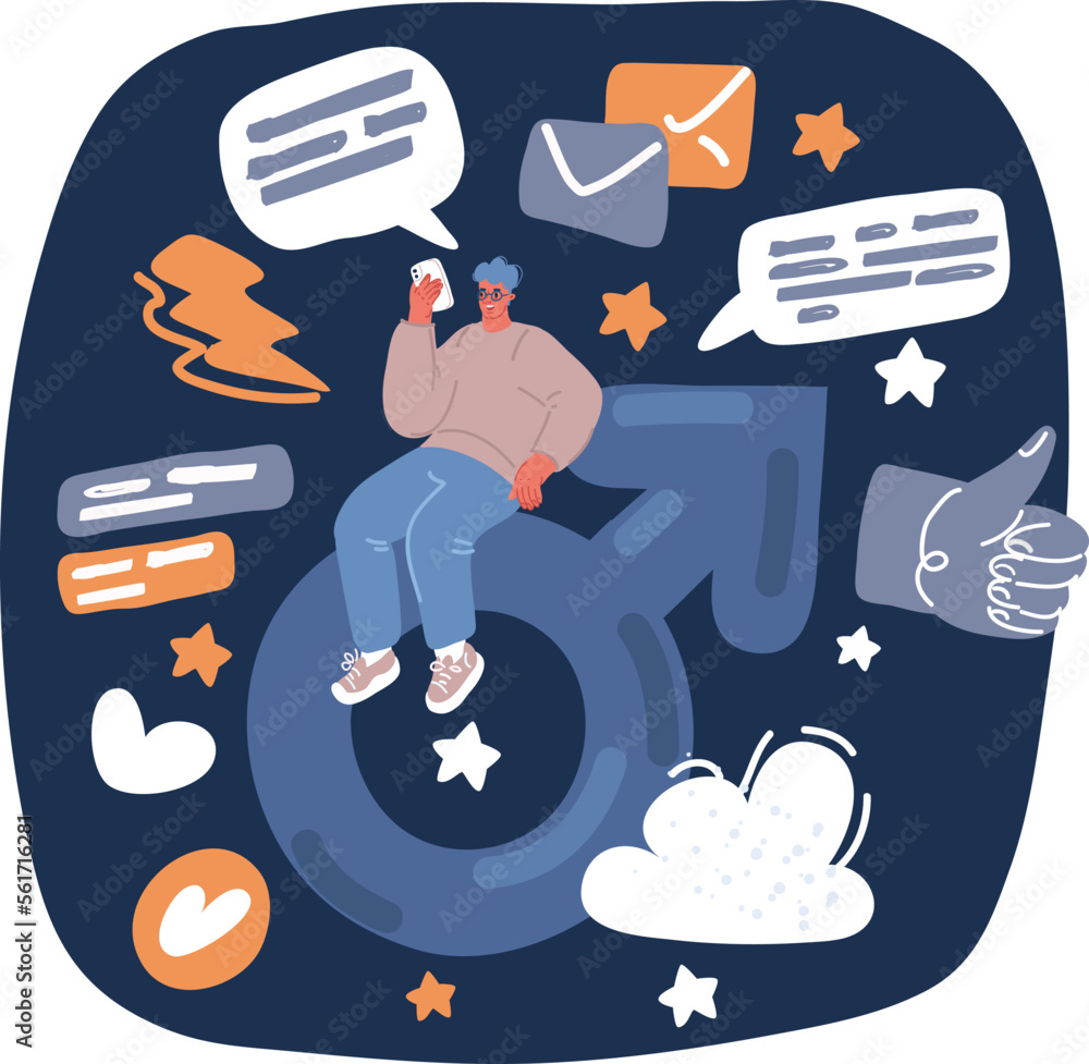 Cartoon vector illustration of Male symbol. Man sitting at big sign ...