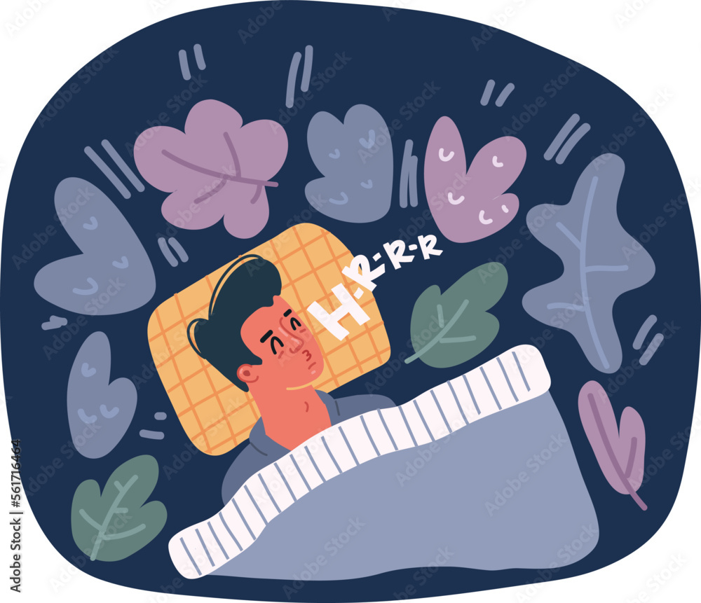 Cartoon vector illustration of Snoring man lying in the bed, snores ...