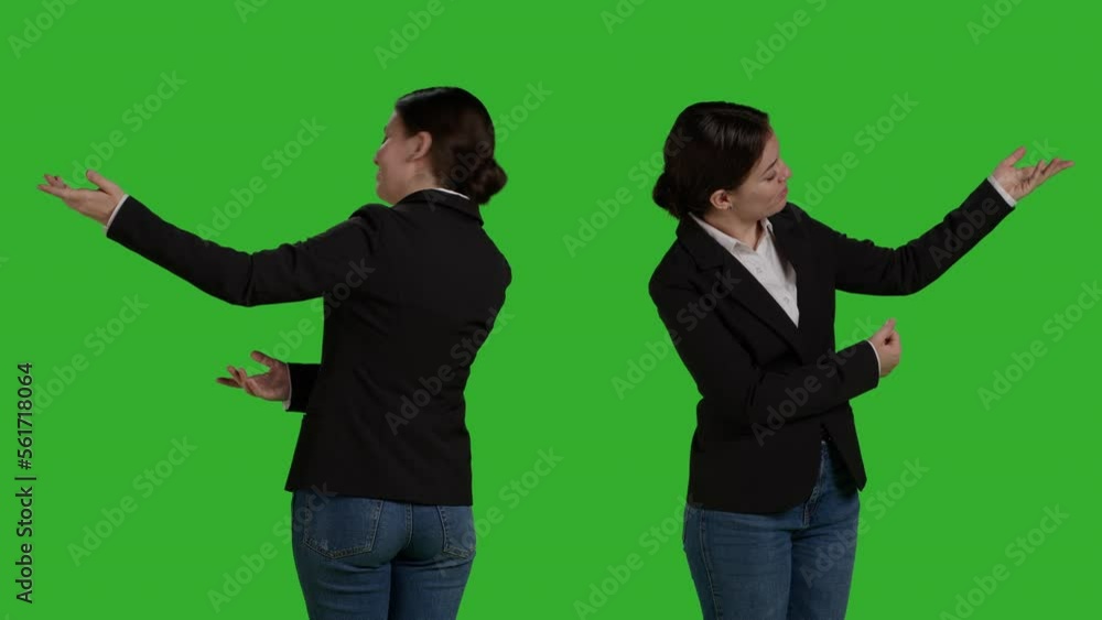 Corporate worker creating new advertisement on camera, pointing ...