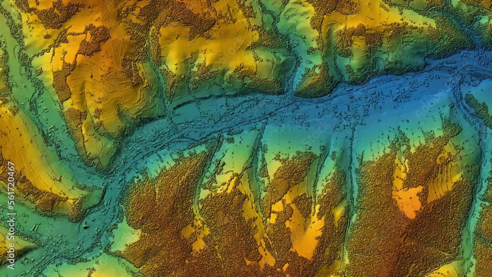Animation of digital elevation model of a forest area with a river. GIS ...