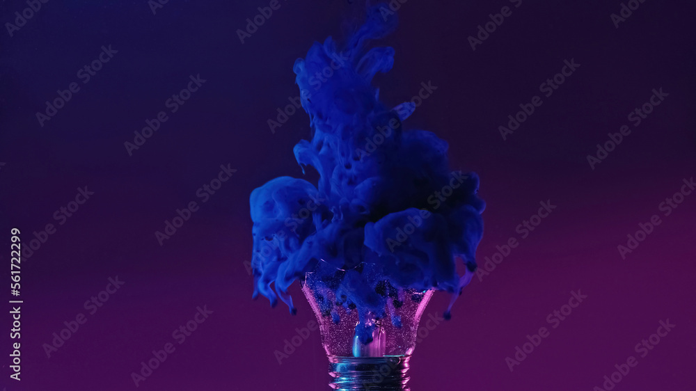 Ink shot in broken lamp. Neon background. Blue color fluid splash smoke ...