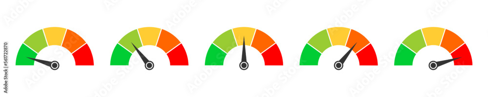 Set of gauge meters with arrows. Colorful indicator to measuring level ...