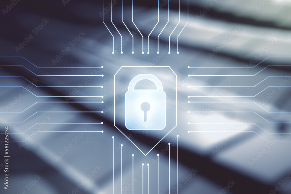 Virtual creative lock illustration with microcircuit on abstract metal ...