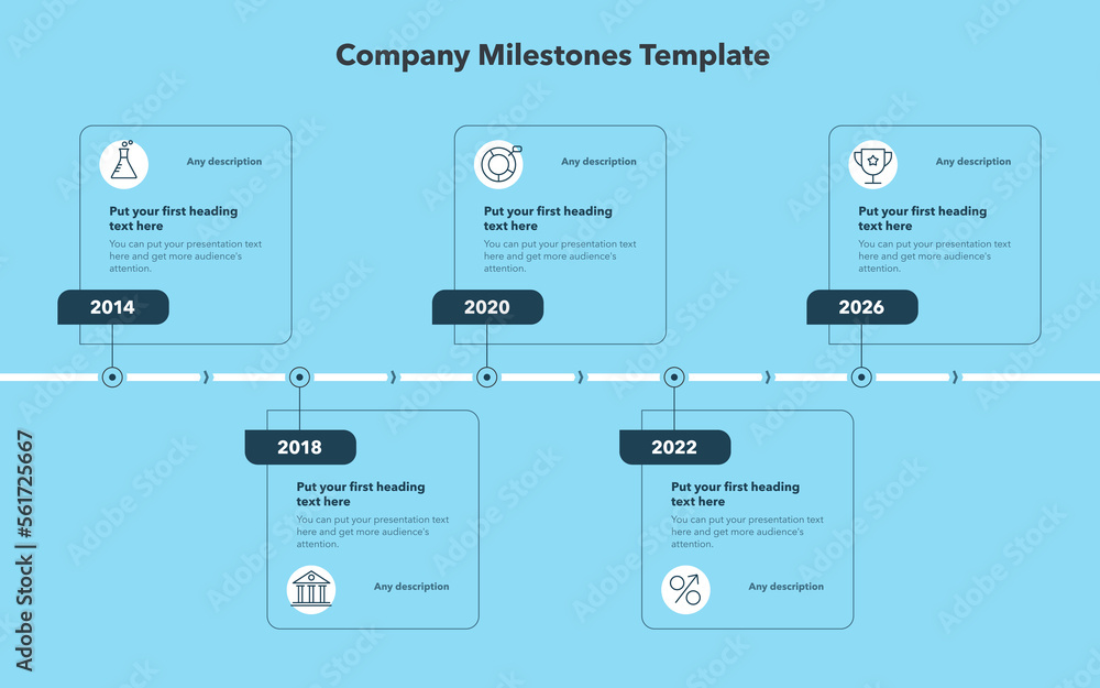 Company milestones template with five steps - blue version. Slide for ...
