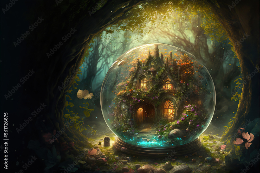 magical fantasy house inside a bubble in the woods, Generative AI Stock ...