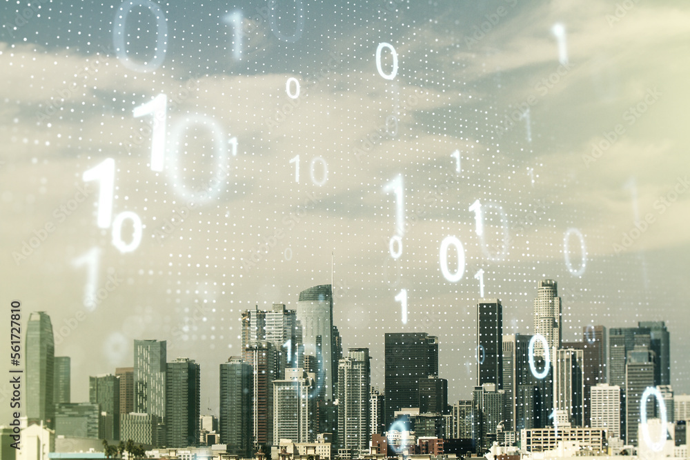 Abstract virtual binary code sketch on Los Angeles office buildings ...